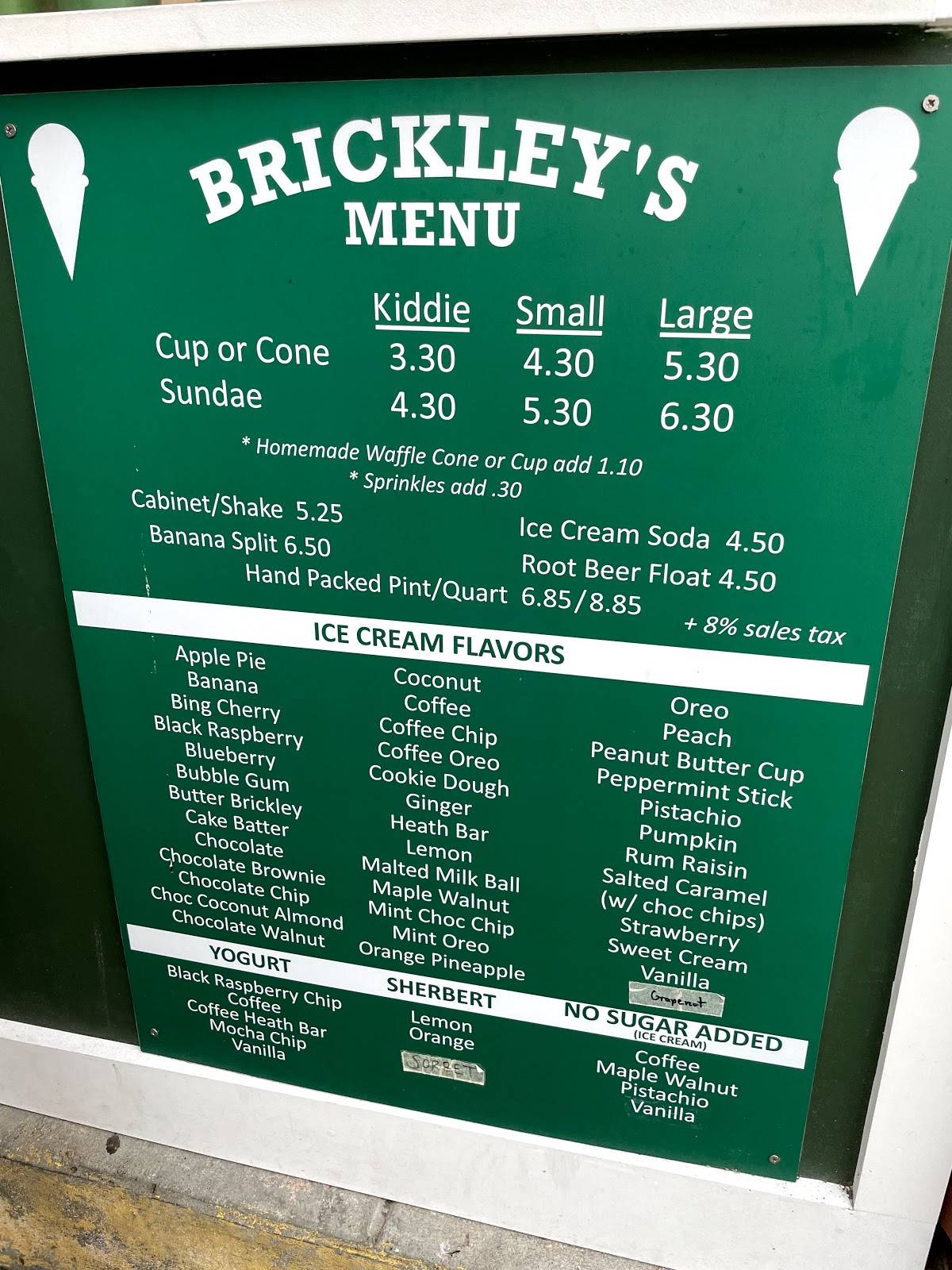 Menu at Brickley's Ice Cream restaurant, South Kingstown, 322 Main St