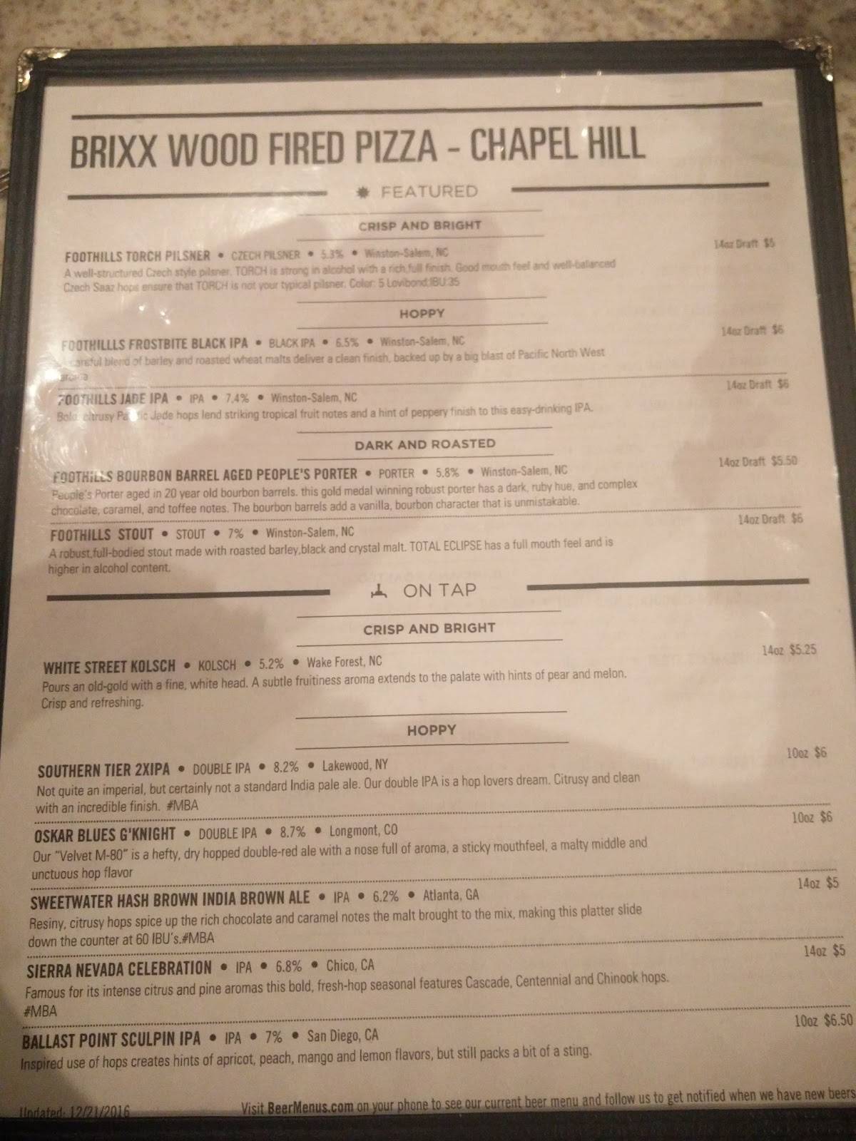 Menu at Brixx Wood Fired Pizza + Craft Bar, Chapel Hill