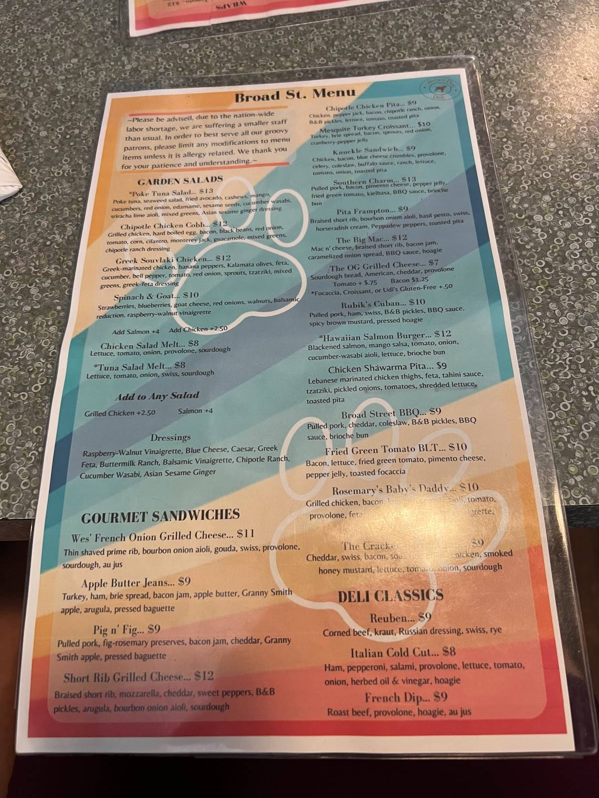 Menu at Brown Dog Deli restaurant, Charleston, 40 Broad St