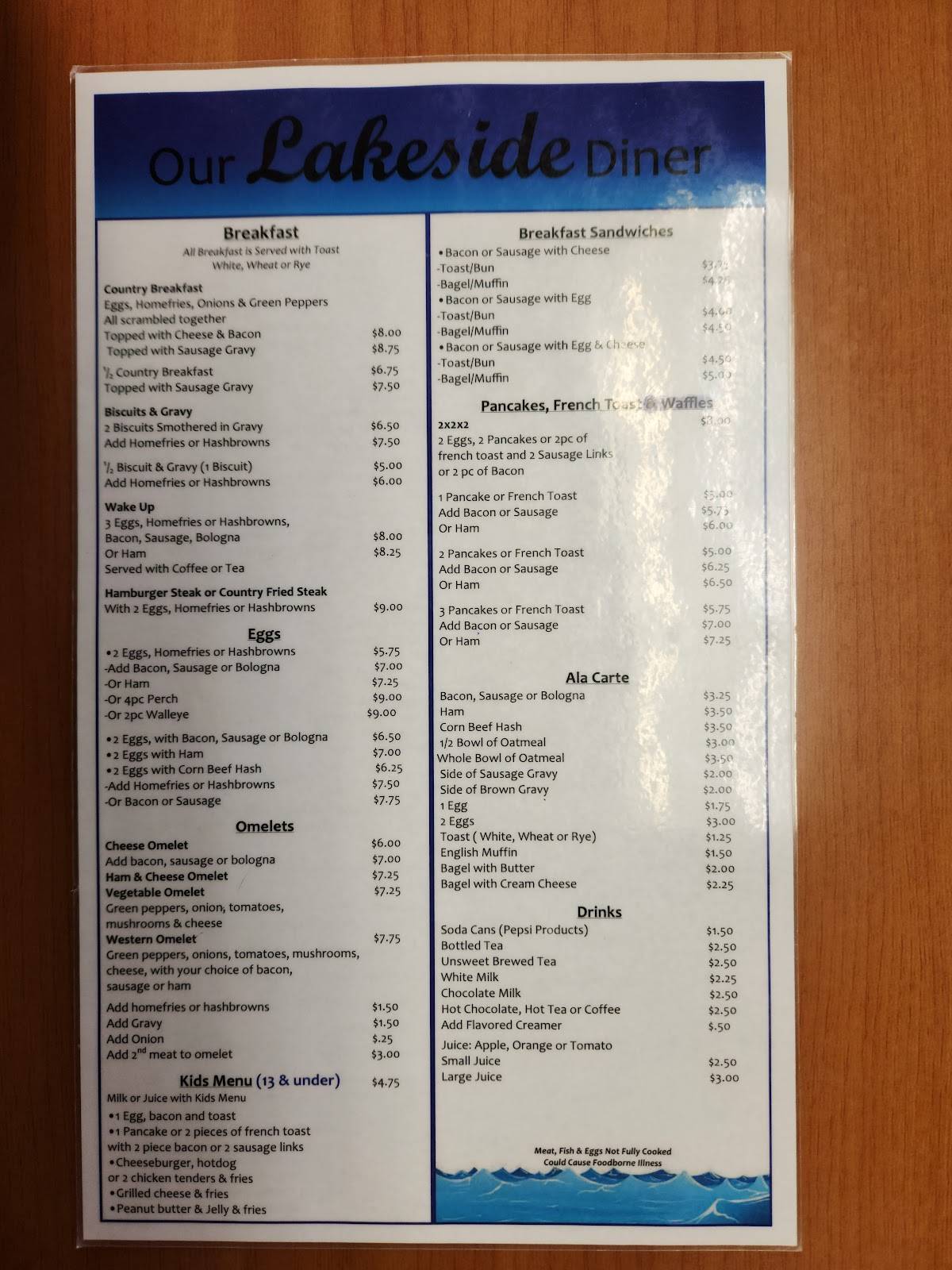 Menu at Our Lakeside Diner restaurant, Buckeye Lake, Walnut Rd