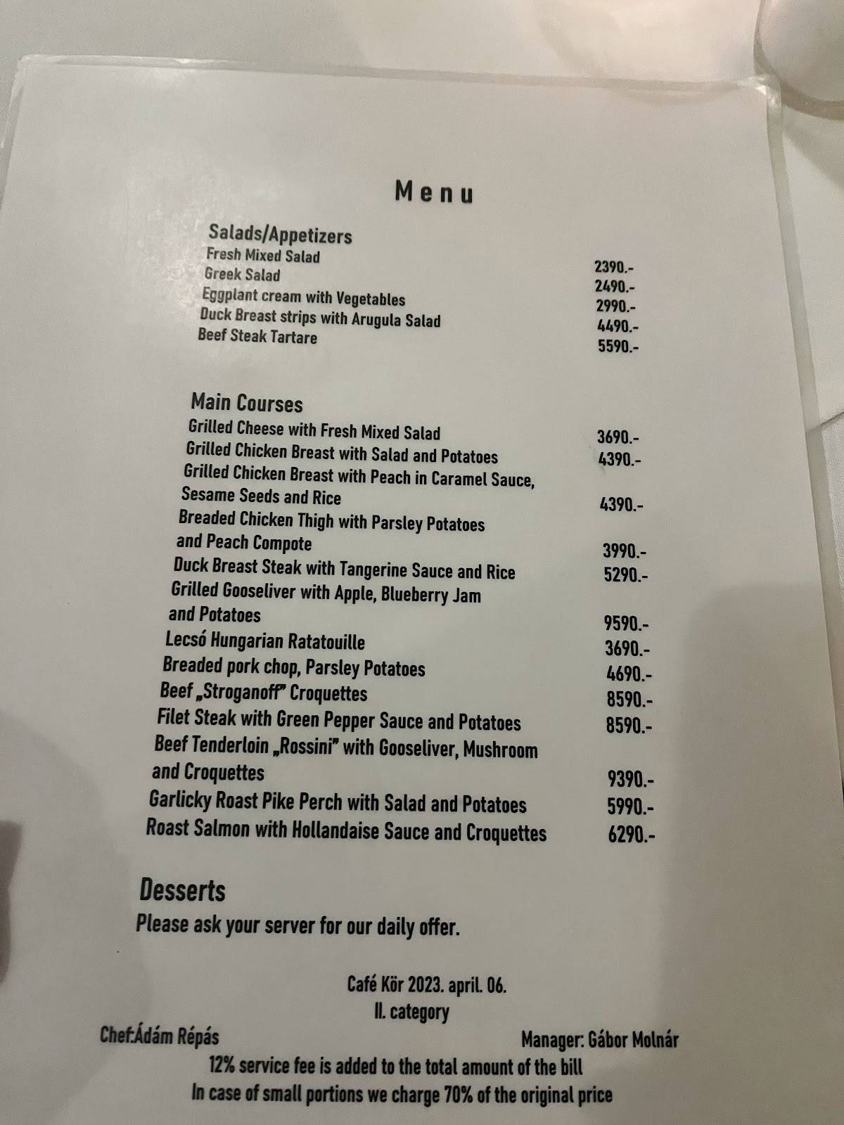 Menu at Café Kör restaurant, Budapest