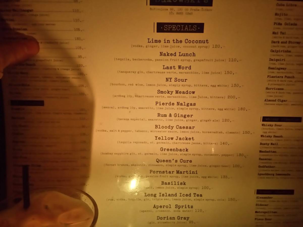 Menu at Bukowski's Bar, Prague