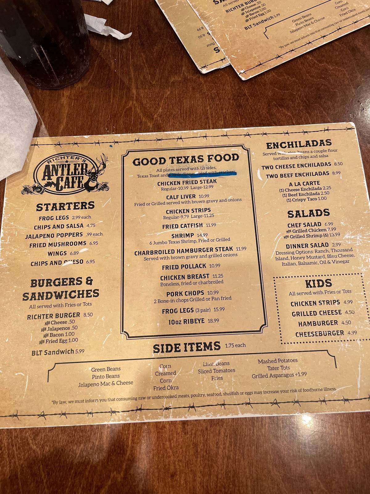 Menu at Richter's Antler Cafe, Spring Branch