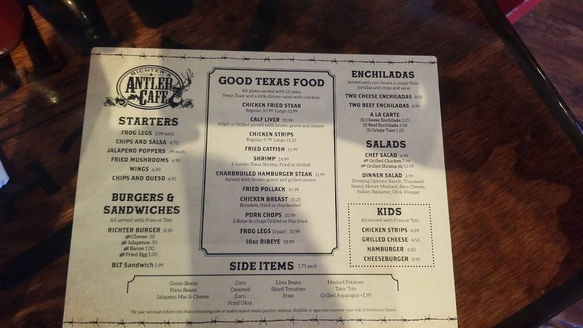 Menu at Richter's Antler Cafe, Spring Branch