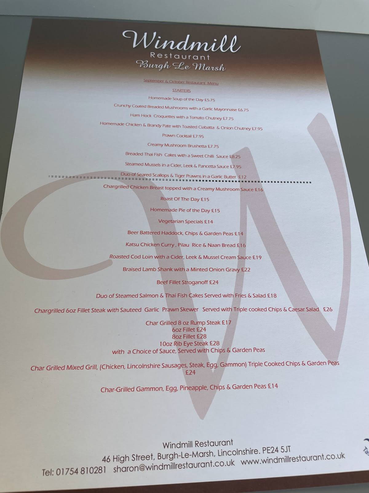 Menu at Windmill Restaurant, Burgh le Marsh