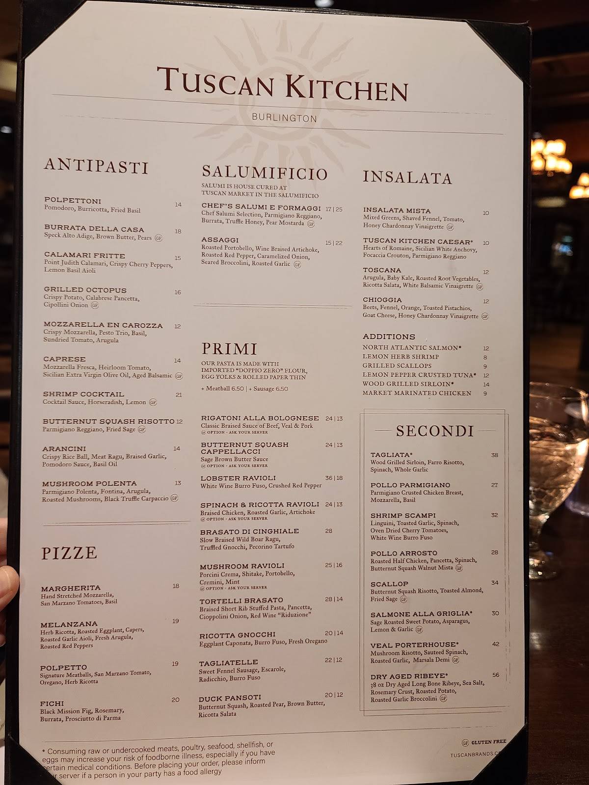 Menu at Tuscan Kitchen restaurant, Burlington, District Ave