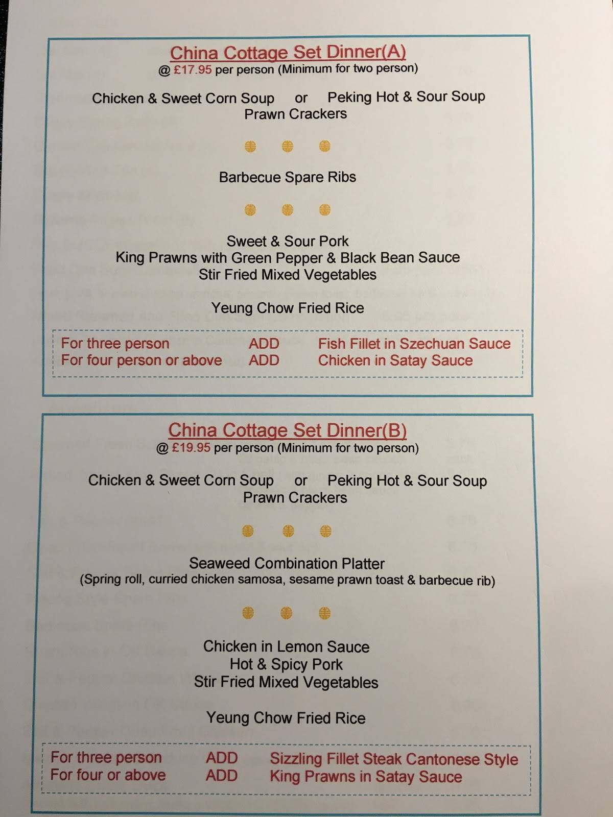 Menu at New China Cottage restaurant, Bury