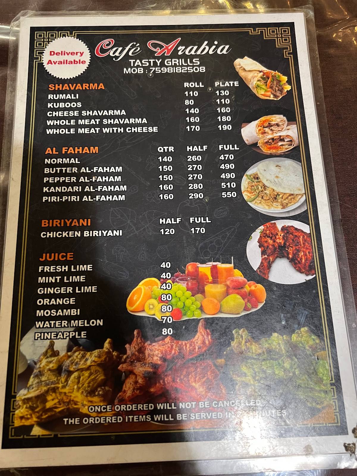Menu at CAFE ARABIA, Munnar