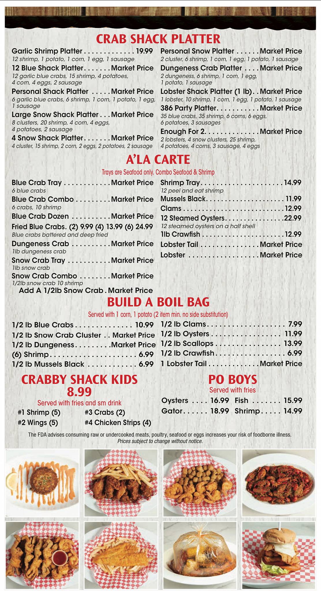 Menu at CRAB SHACK 386 restaurant, Bunnell