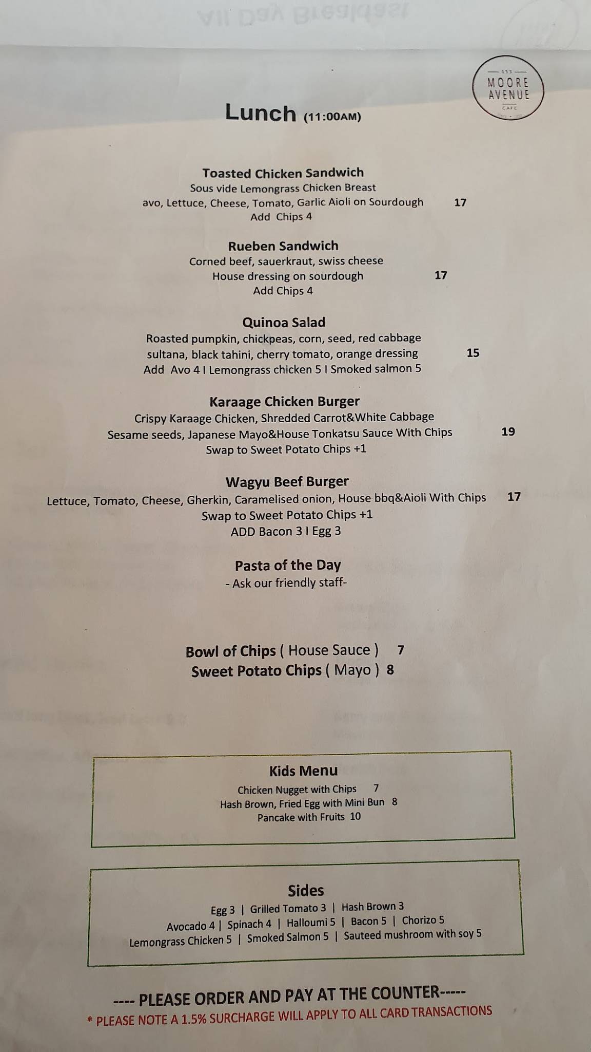 Menu at 153 Moore Avenue Coffee cafe, Lindfield