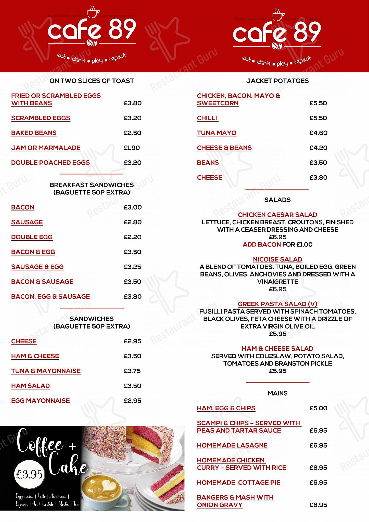 Menu at Cafe 89, Crawley