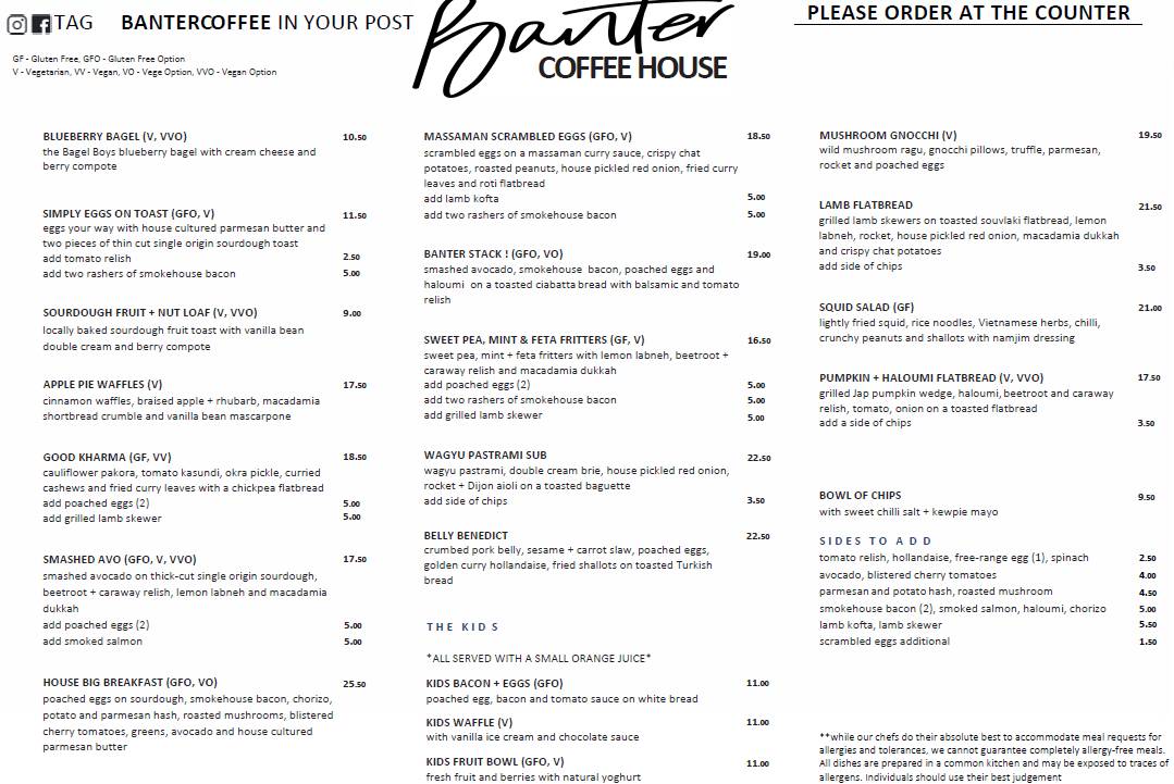 Menu at Banter Coffee House, Manly West