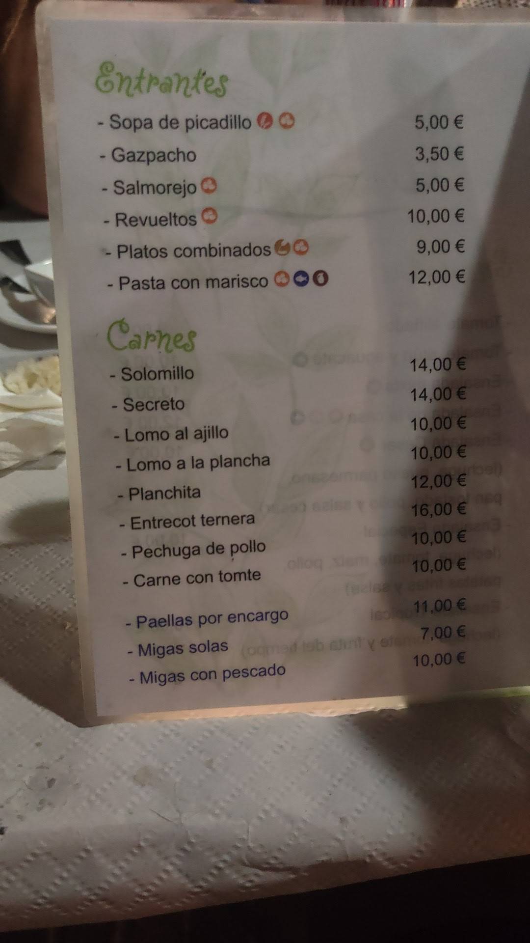 Menu at Café Bar Los Jardines - Casa Escobar, Torrenueva