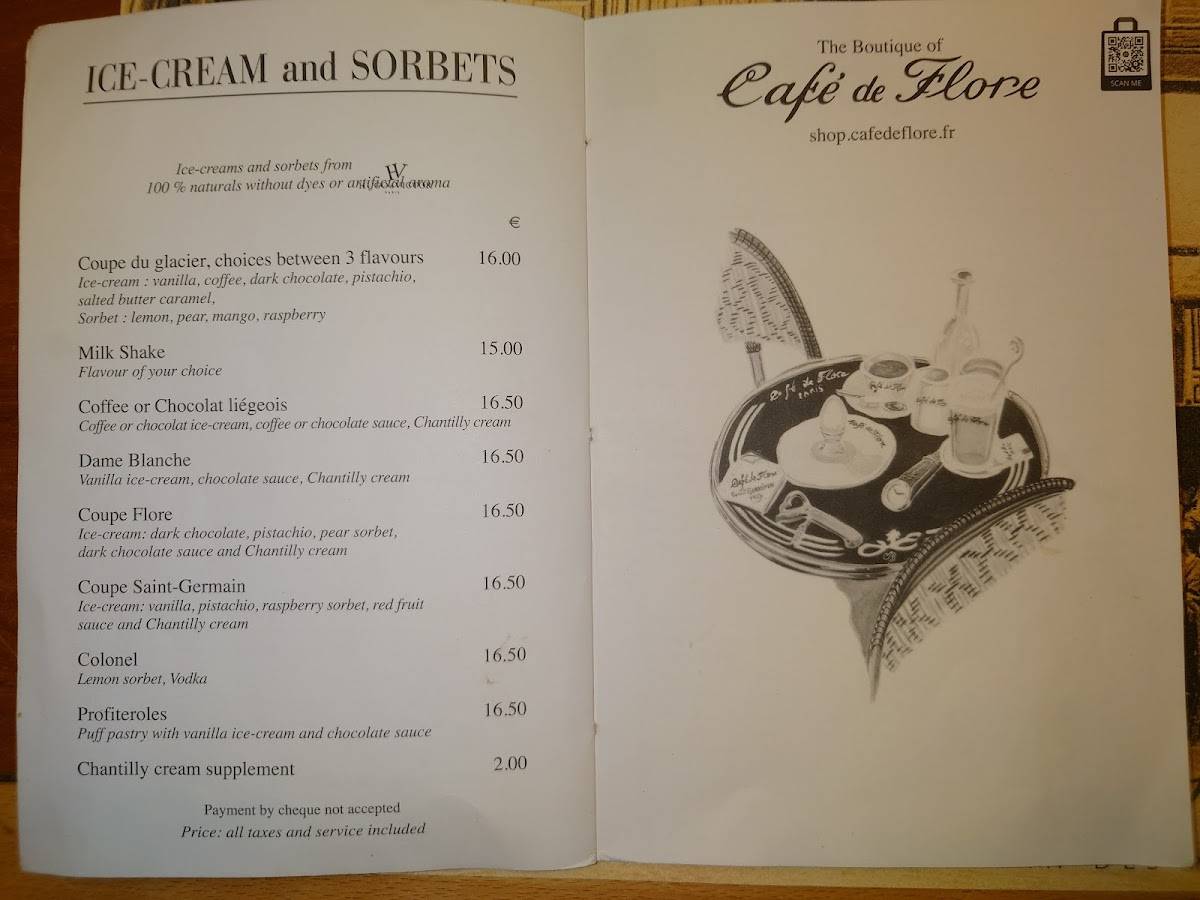 Menu at Café de Flore, Paris, 172 Bd Saint-Germain