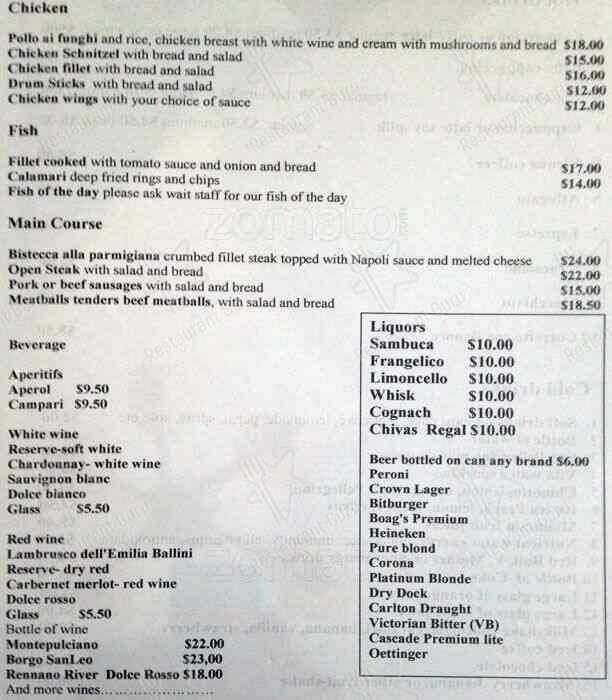Menu at Cafe Perri, Melbourne