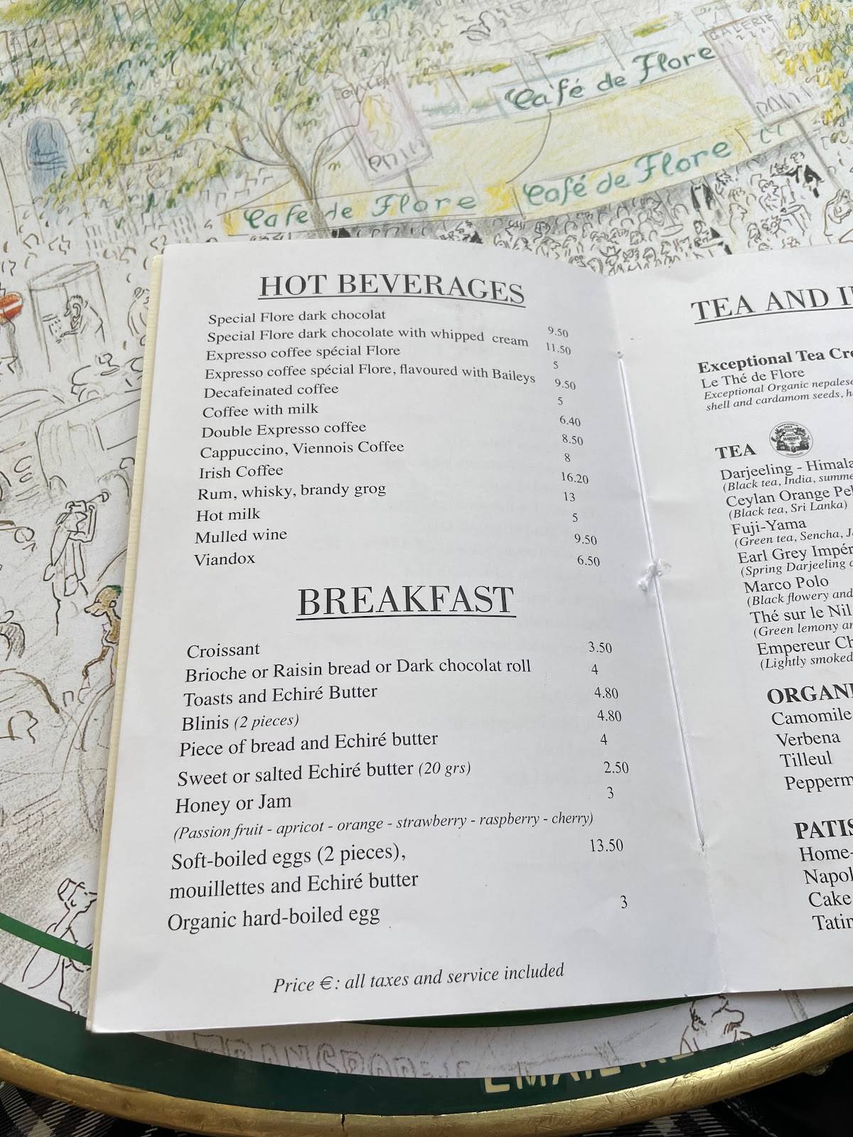 Menu at Café de Flore, Paris, 172 Bd Saint-Germain