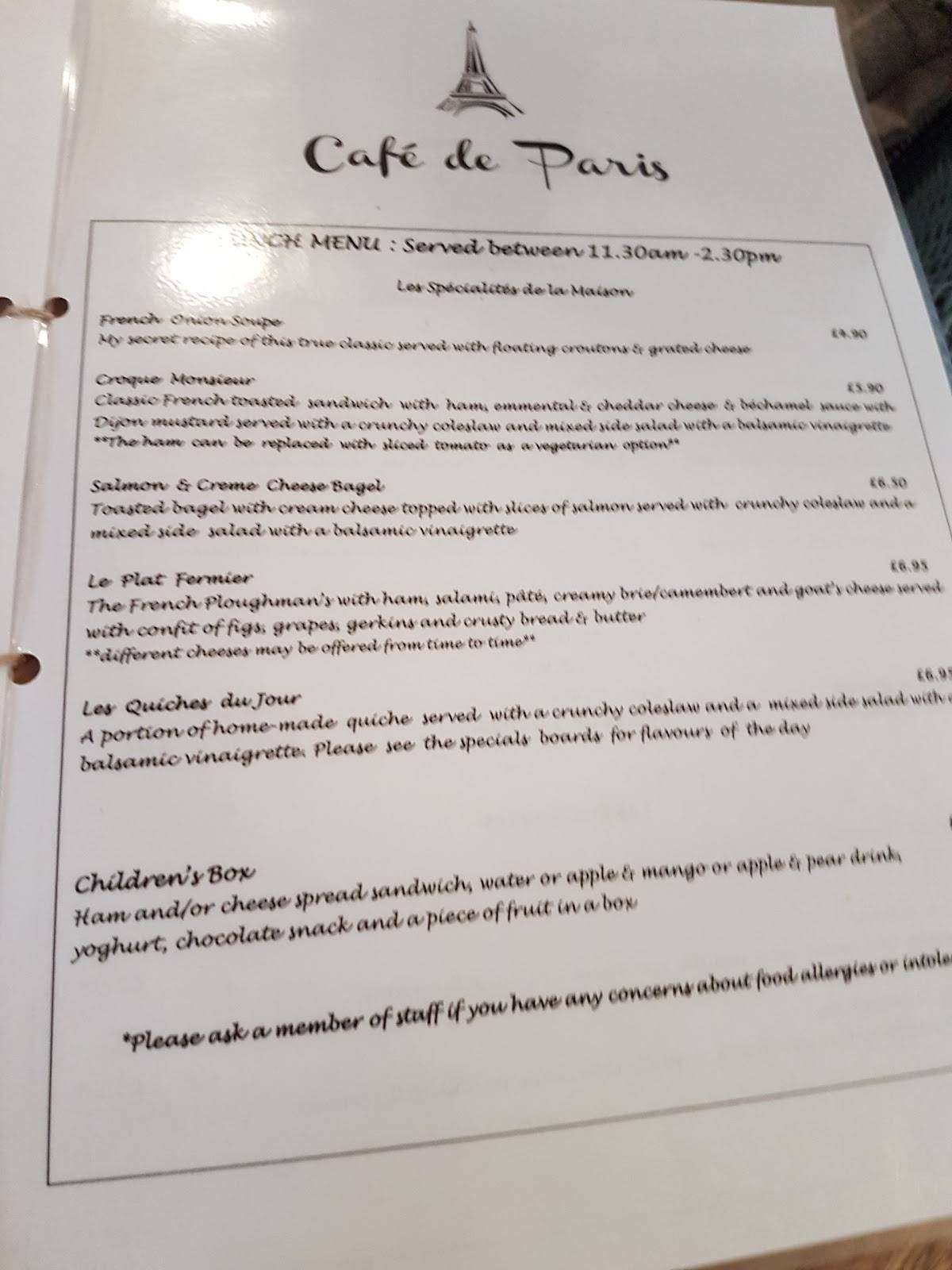 Menu at Café De Paris cafe, Nantwich