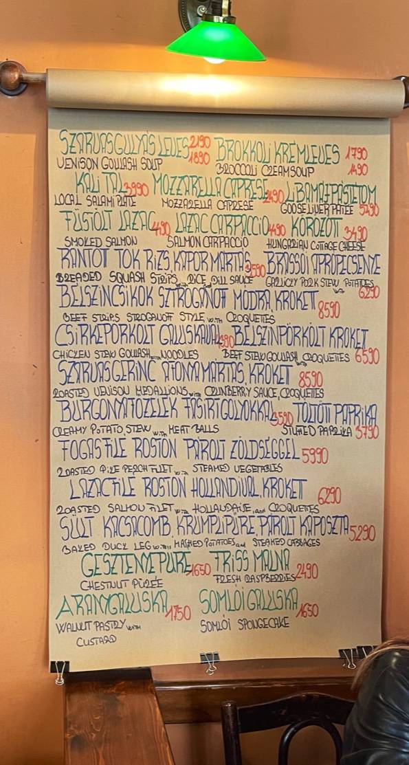 Menu at Café Kör restaurant, Budapest