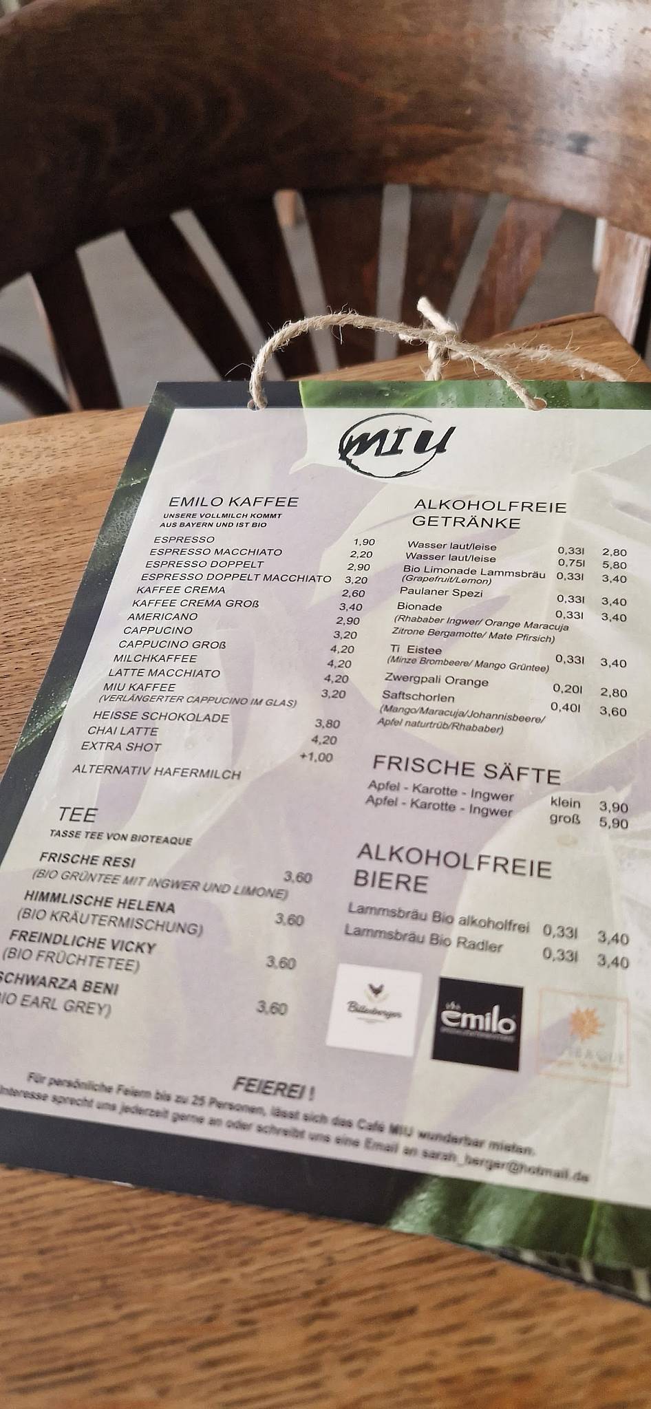 Speisekarte von Cafe Miu, München
