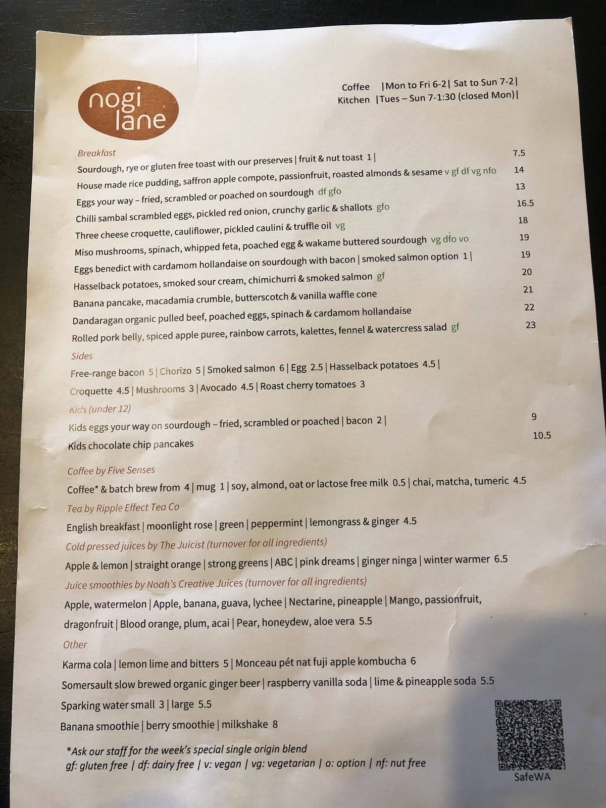 Menu at Nogi Lane cafe, Dianella