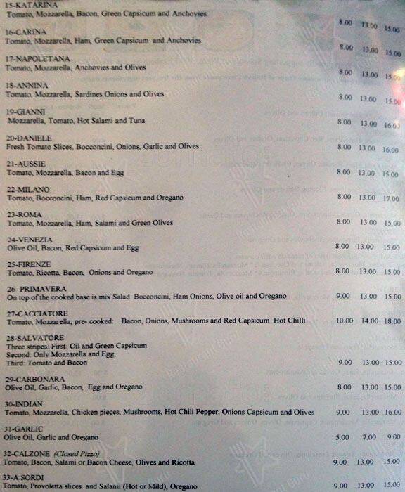 Menu at Cafe Perri, Melbourne