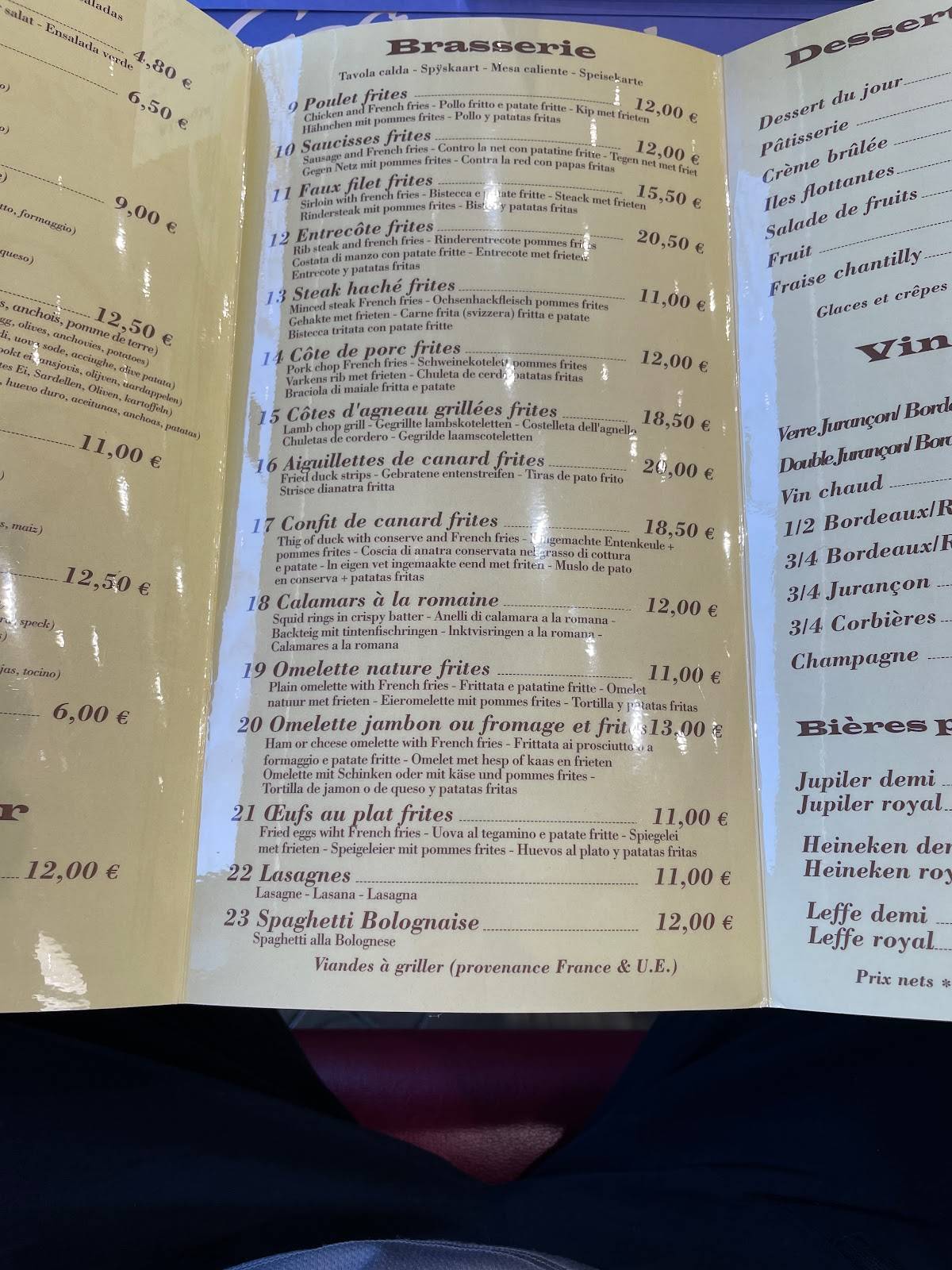 Menu au Café Royal, Lourdes