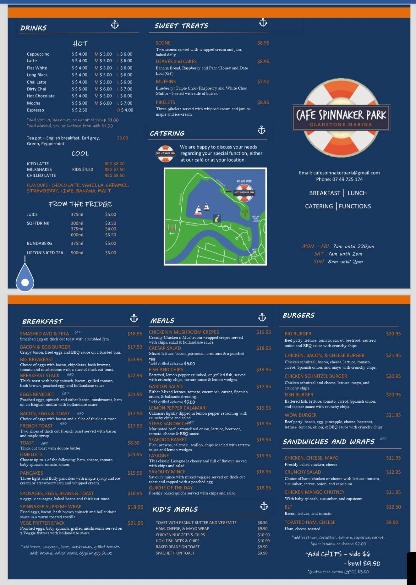 Menu at Cafe Spinnaker Park, Gladstone Central, 222 Alf Orourke Dr