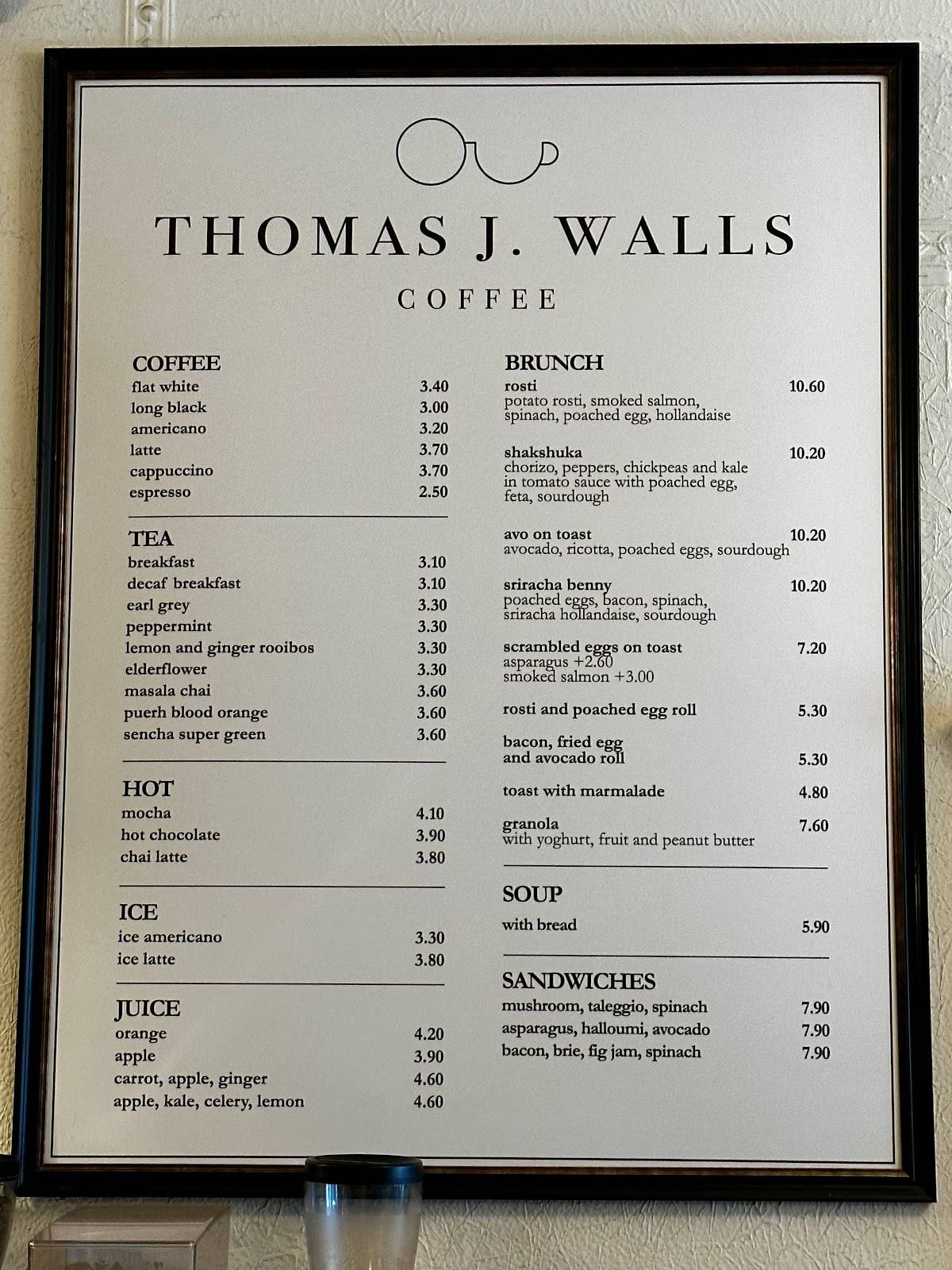 Menu at Thomas J Walls Coffee cafe, Edinburgh
