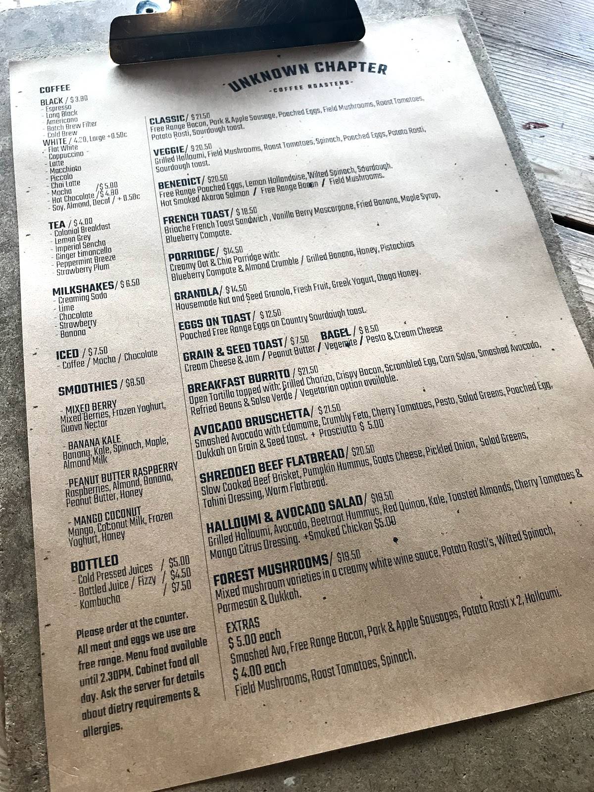 Menu at Unknown Chapter Coffee Roasters cafe, Christchurch