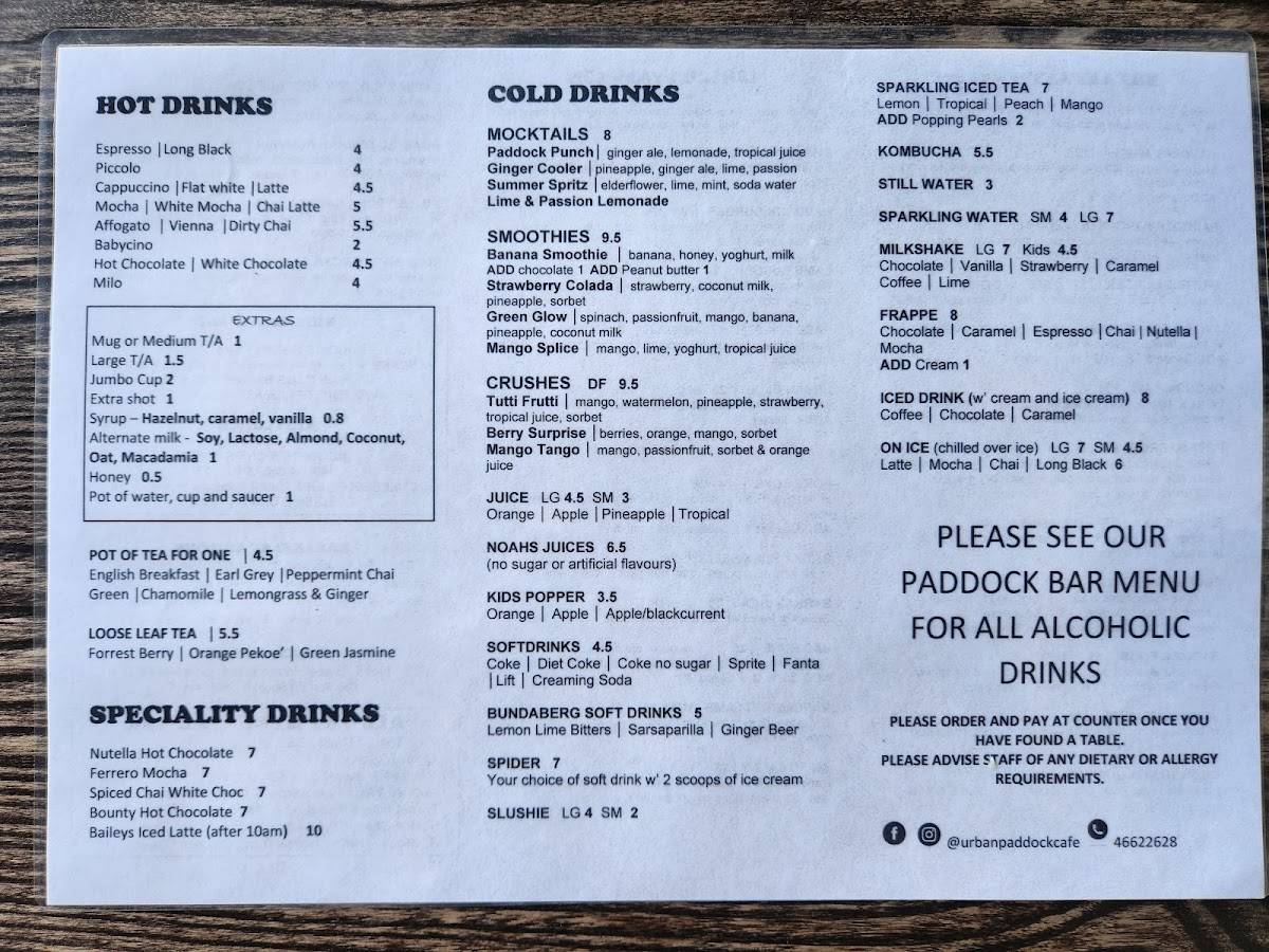Menu at Urban Paddock Cafe, Dalby