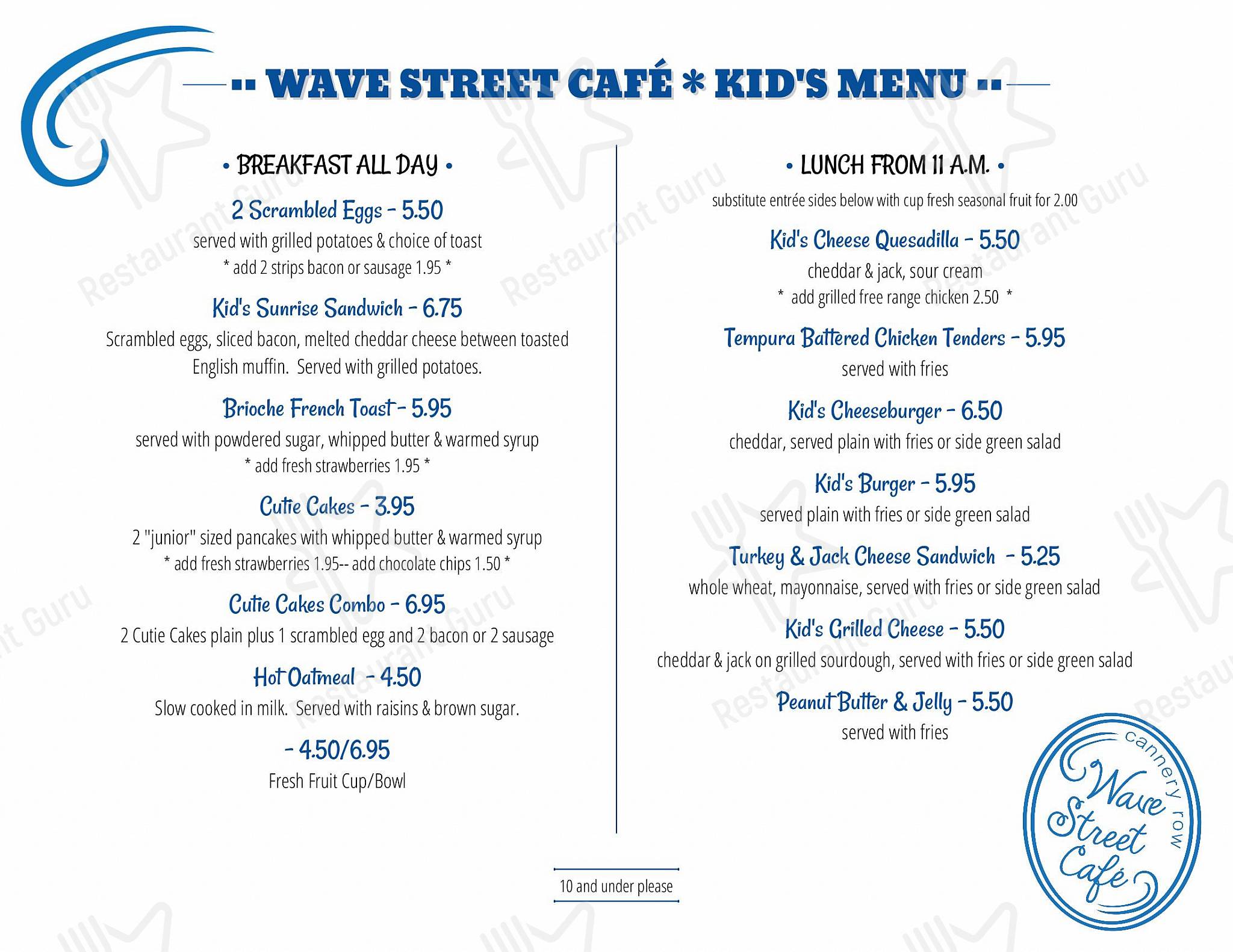 Menu at Wave Street Cafe, Monterey