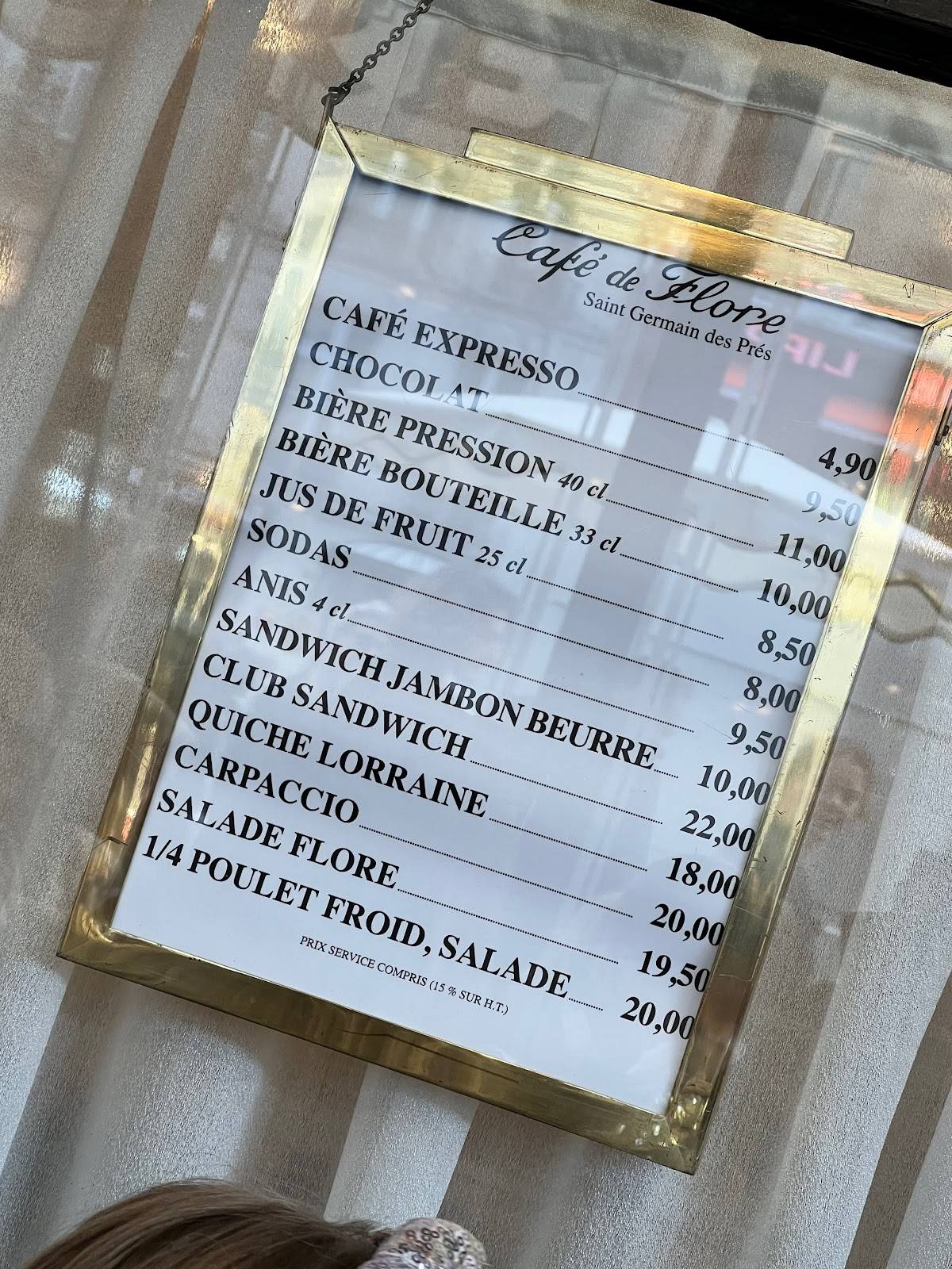 Menu at Café de Flore, Paris, 172 Bd Saint-Germain