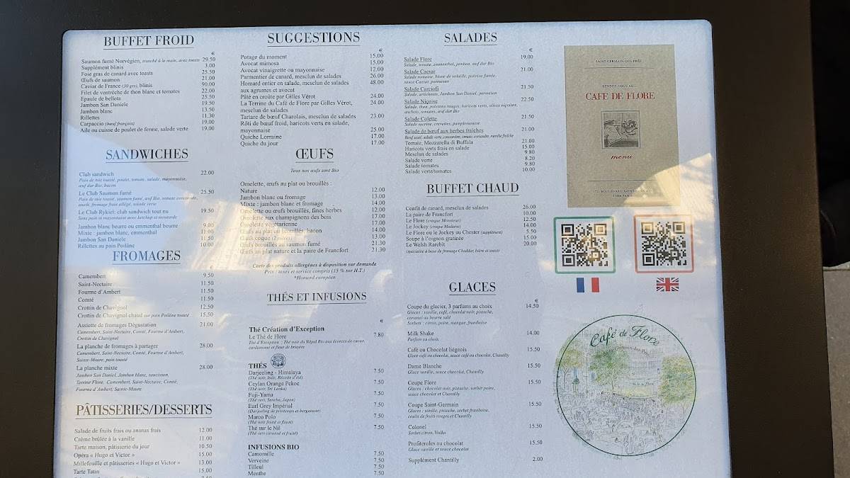 Menu at Café de Flore, Paris, 172 Bd Saint-Germain