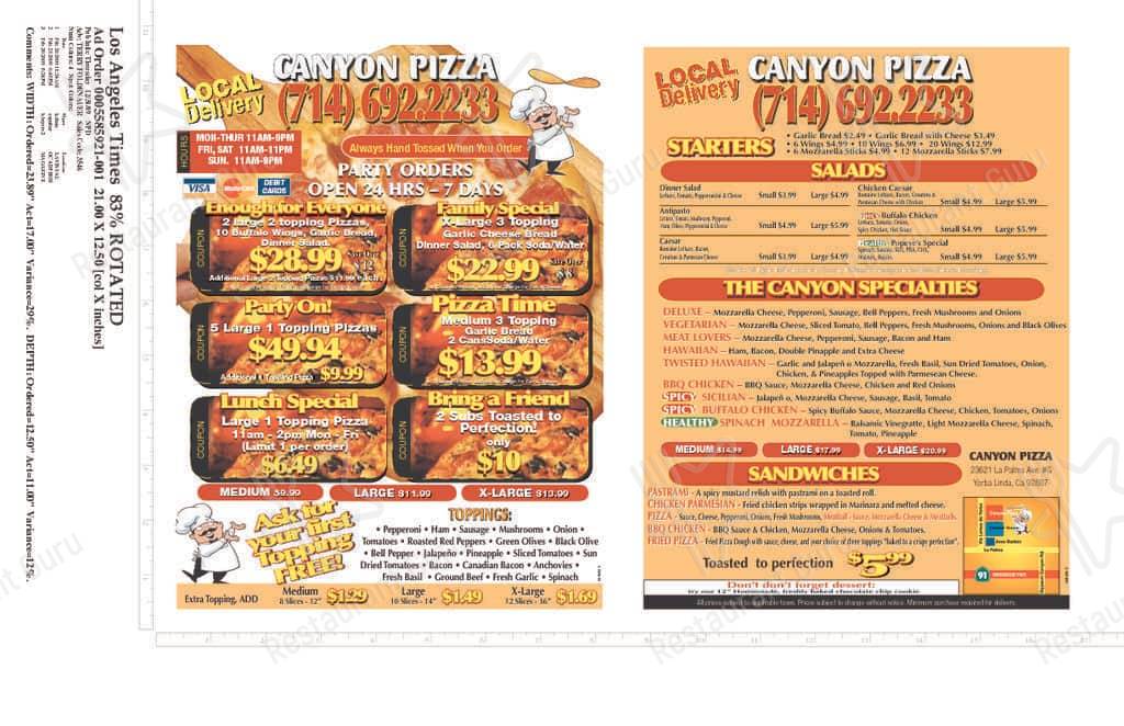 Menu at Canyon Pizza pizzeria, Yorba Linda, La Palma Ave # G