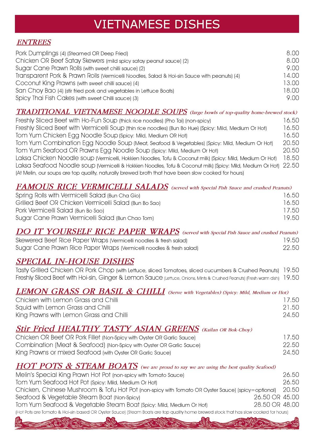 Menu at Melin Vietnamese & Chinese Restaurant, Capalaba