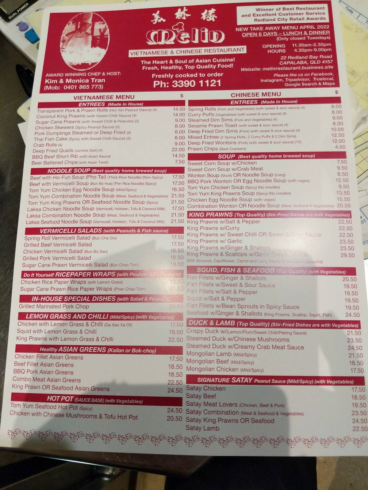 Menu at Melin Vietnamese & Chinese Restaurant, Capalaba