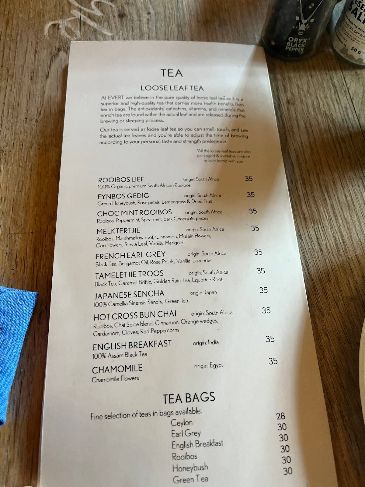 Menu at Evert Opstal Restaurant, Cape Town