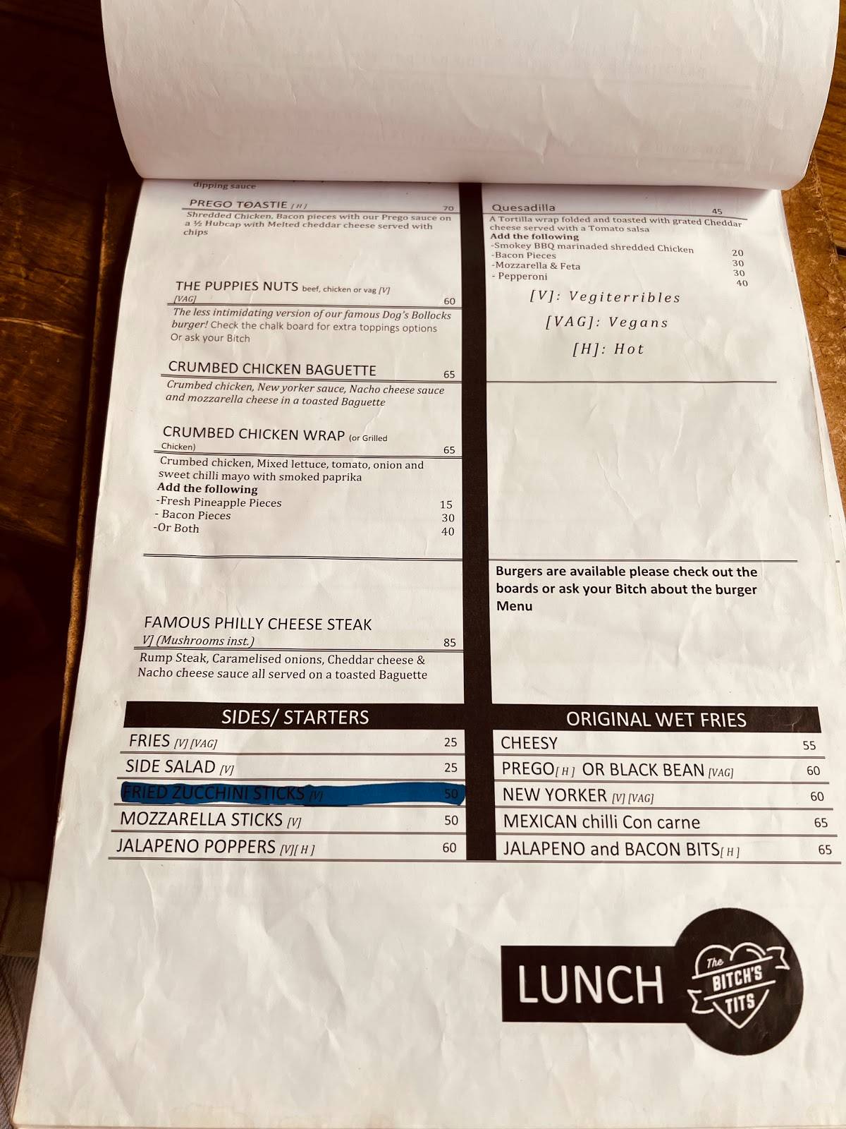 Menu at The Dog's Bollocks at YARD restaurant, Cape Town