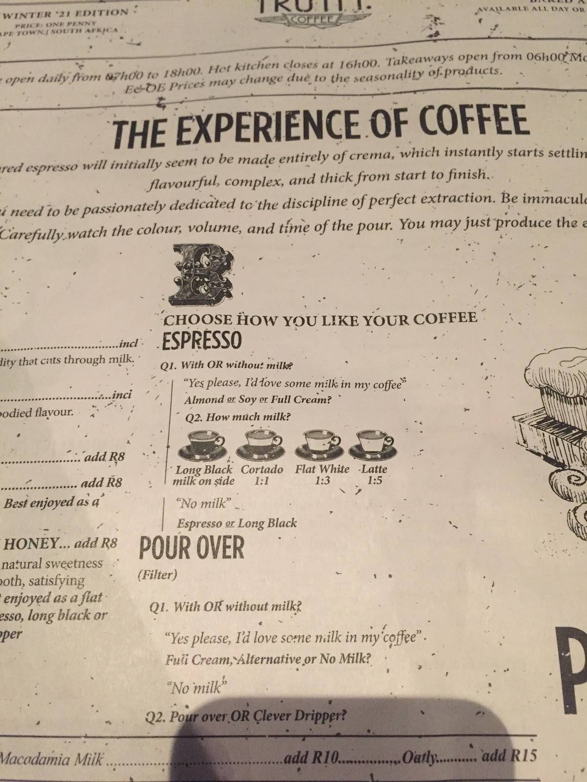 Menu at Truth Coffee Roasting cafe, Cape Town, 36 Buitenkant St