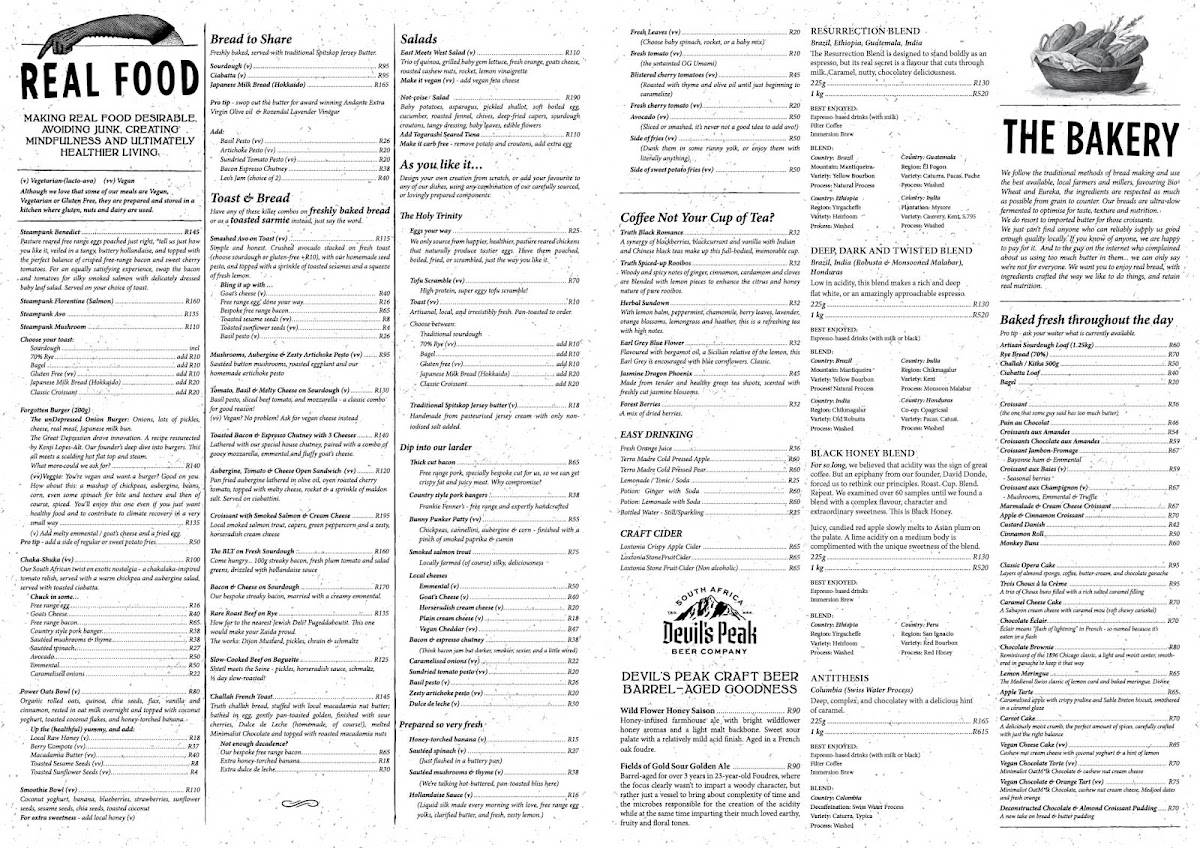 Menu at Truth Coffee Roasting cafe, Cape Town, 36 Buitenkant St