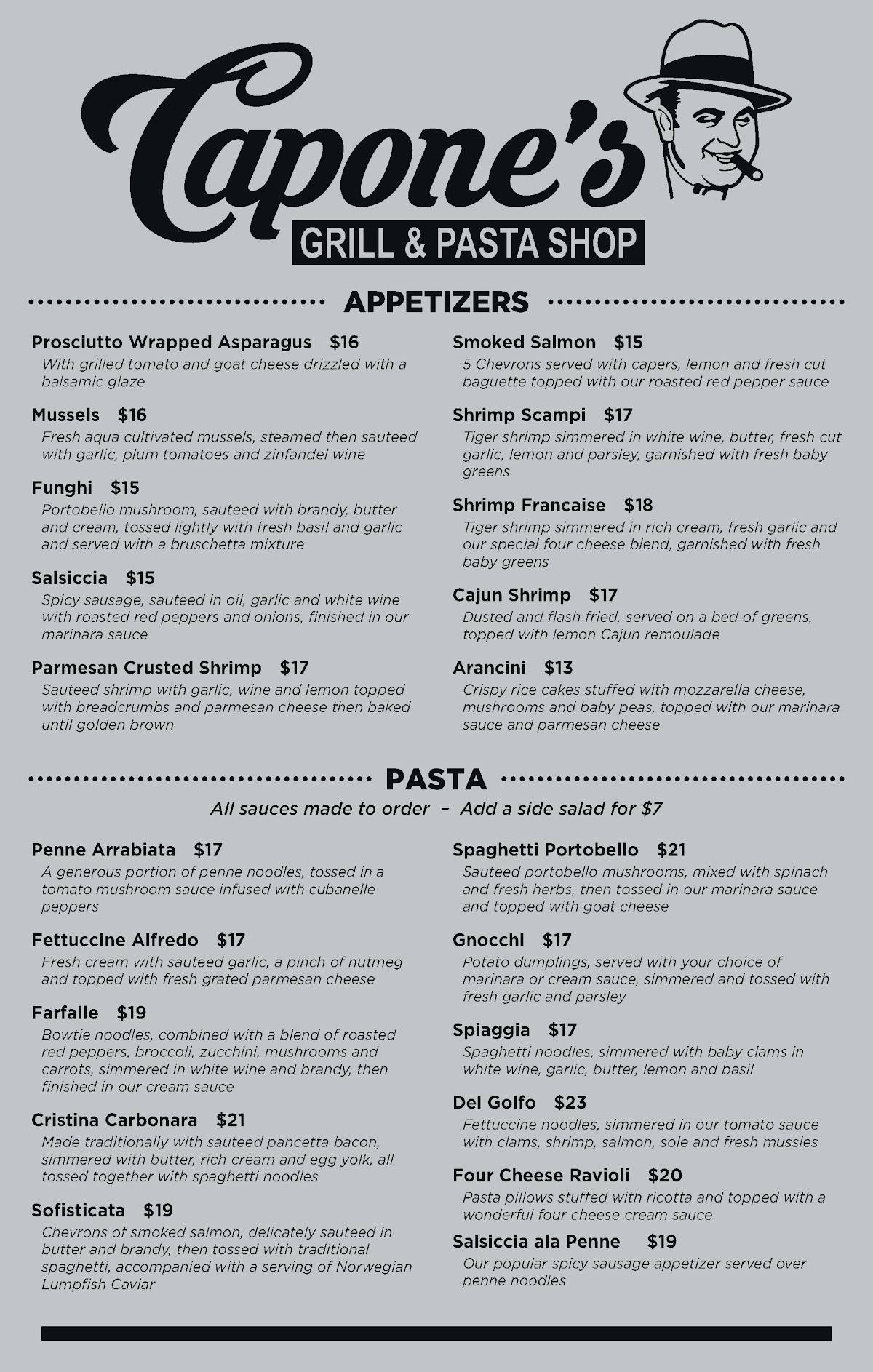 Menu at Capone's Grill & Pasta Shop restaurant, Windsor