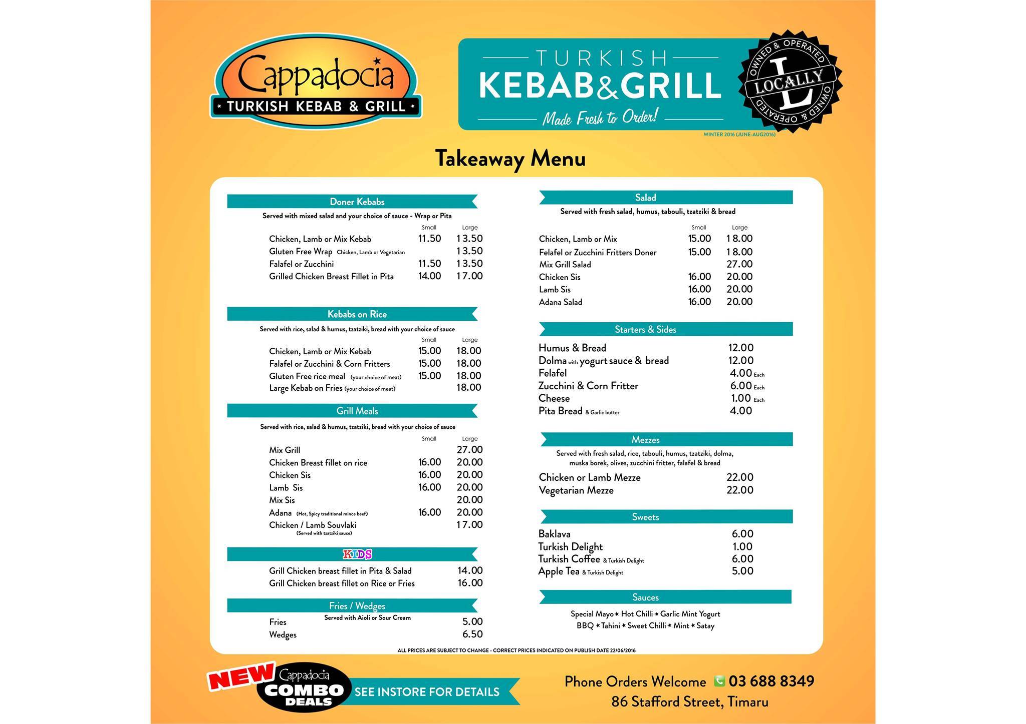 Menu at Cappadocia Turkish Kitchen restaurant, Timaru