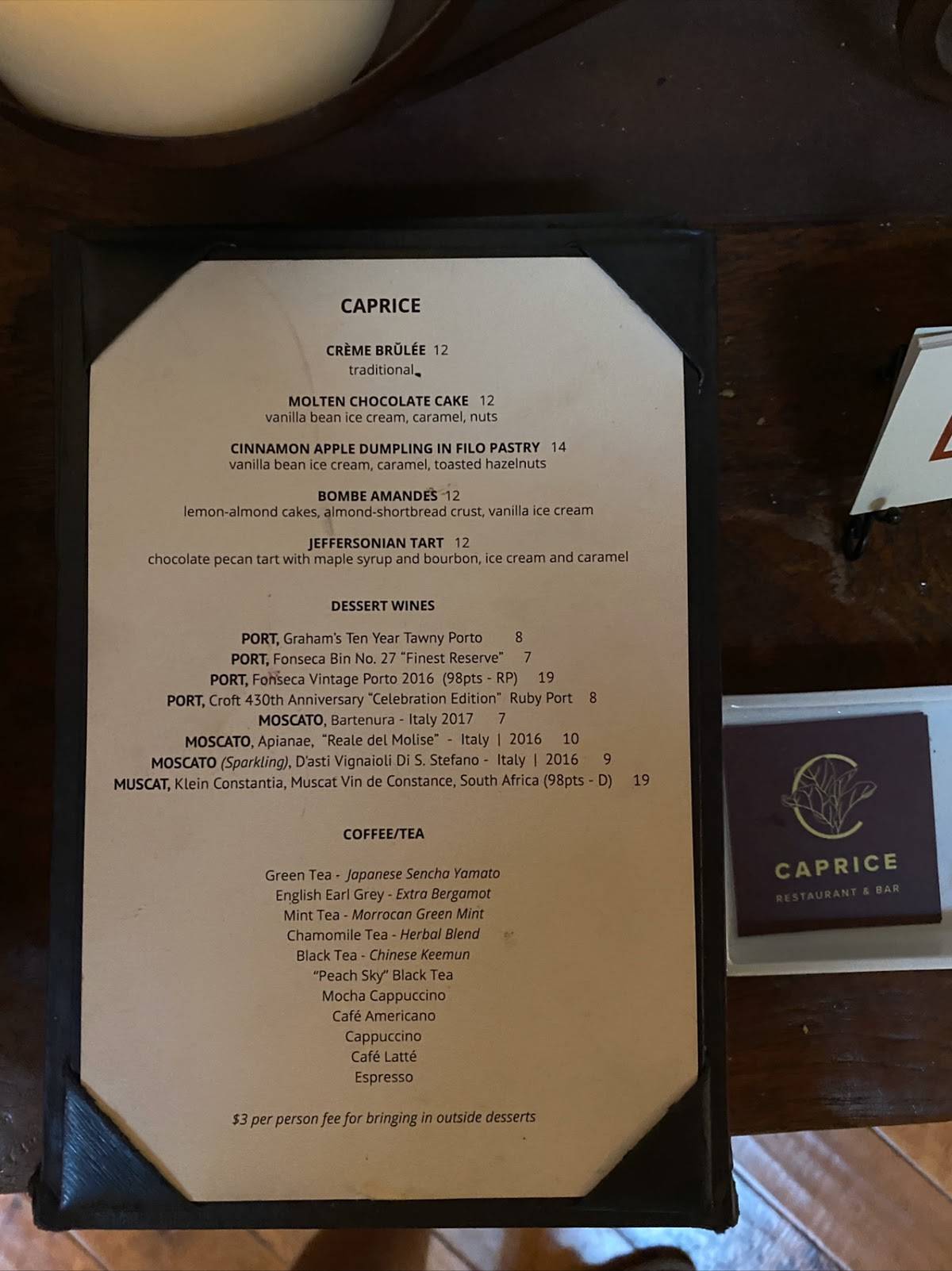 Menu at Caprice Cafe, Redlands