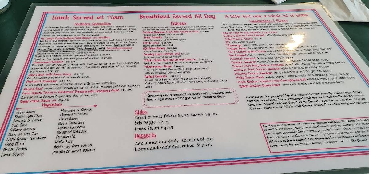 Menu at Carver's Maggie Valley Restaurant Since 1952, Maggie Valley ...