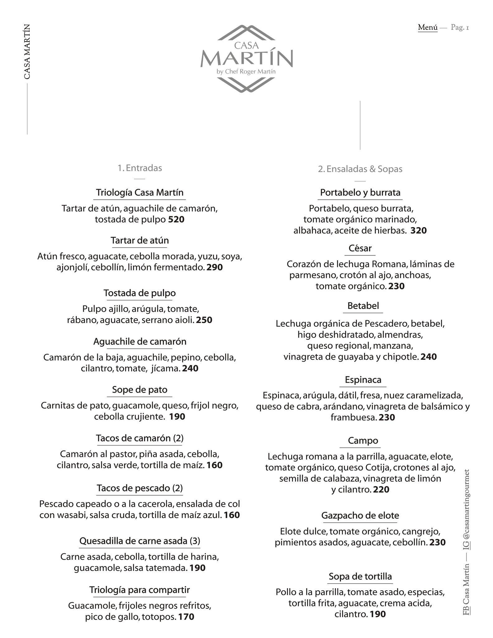 Menu at Casa Martín restaurant, Cabo San Lucas