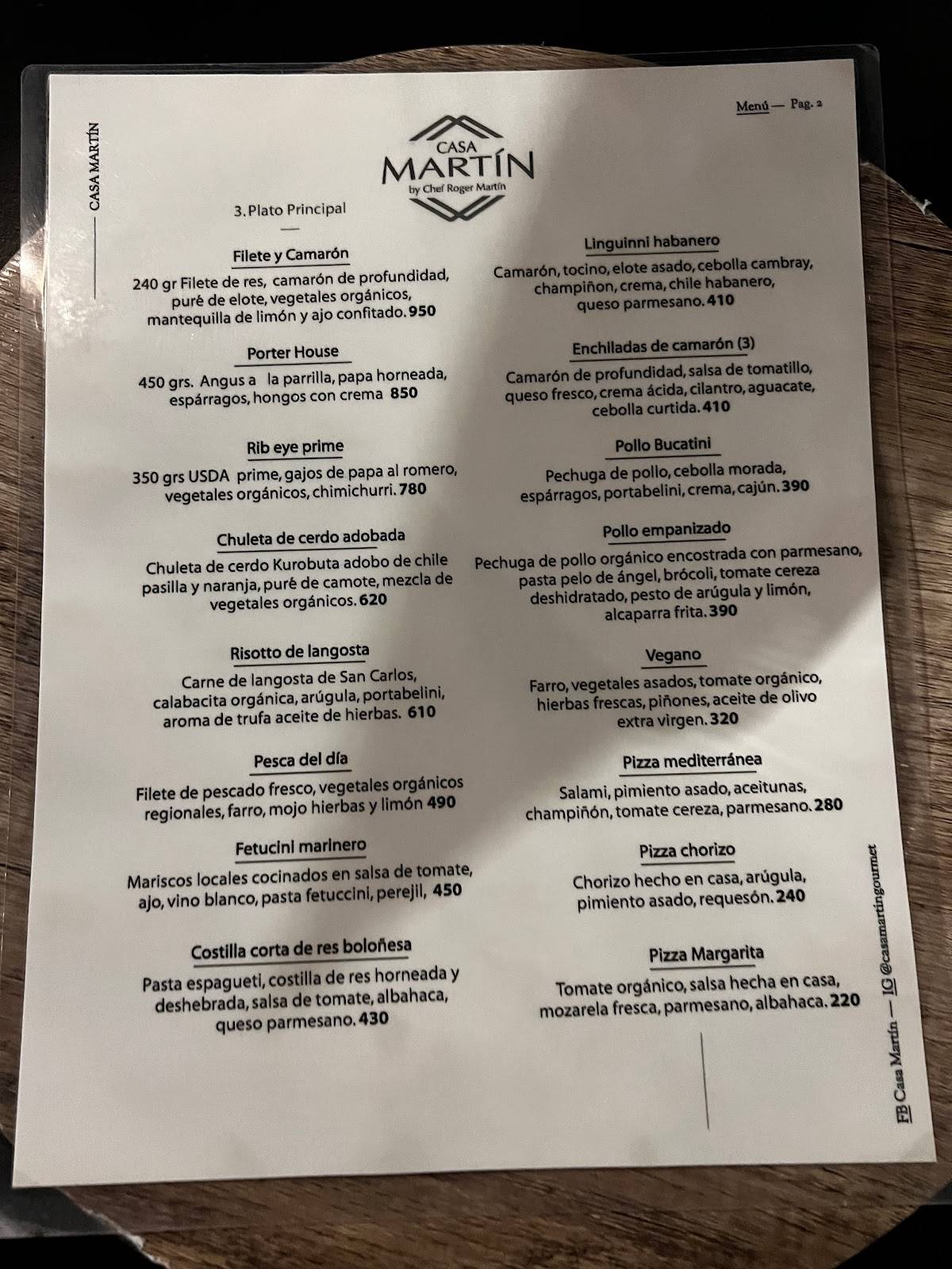Menu at Casa Martín restaurant, Cabo San Lucas