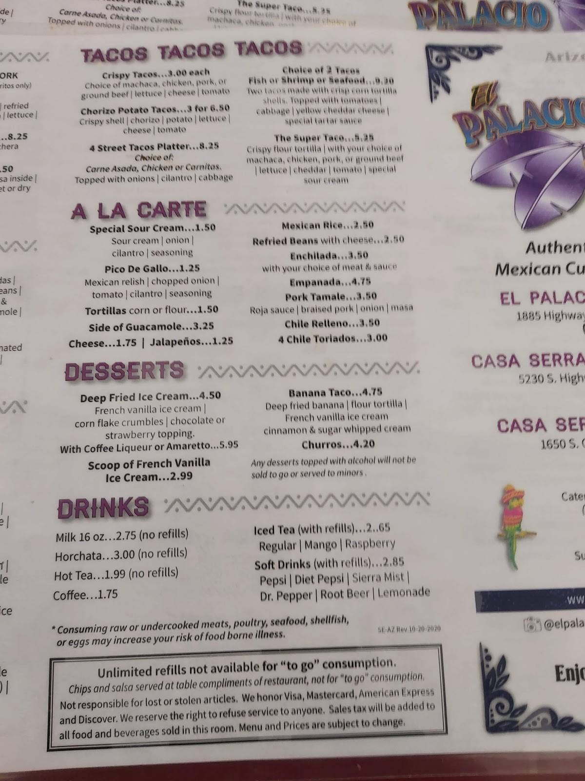 Menu at Casa Serrano Mexican Restaurant, Fort Mohave, AZ-95