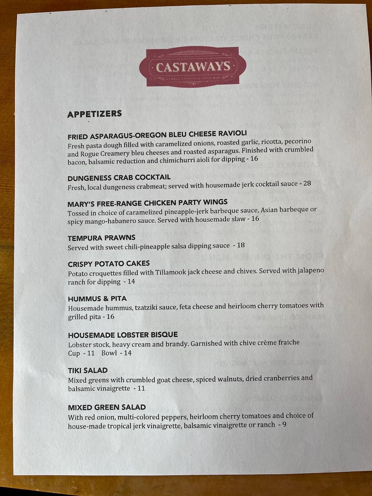 Menu at Castaways Global Cuisine restaurant, Cannon Beach