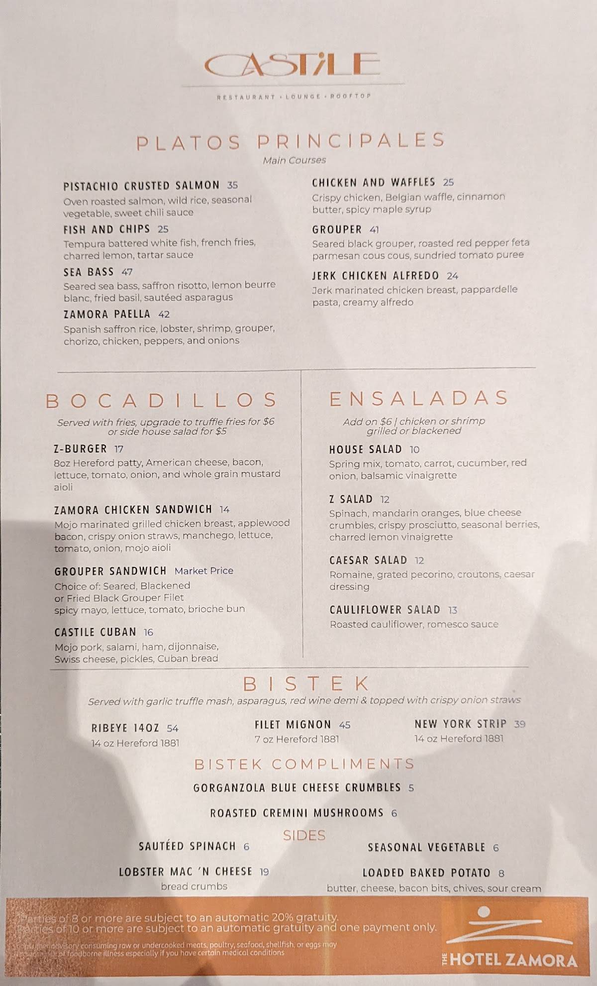 Menu at Castile Restaurant, Saint Pete Beach