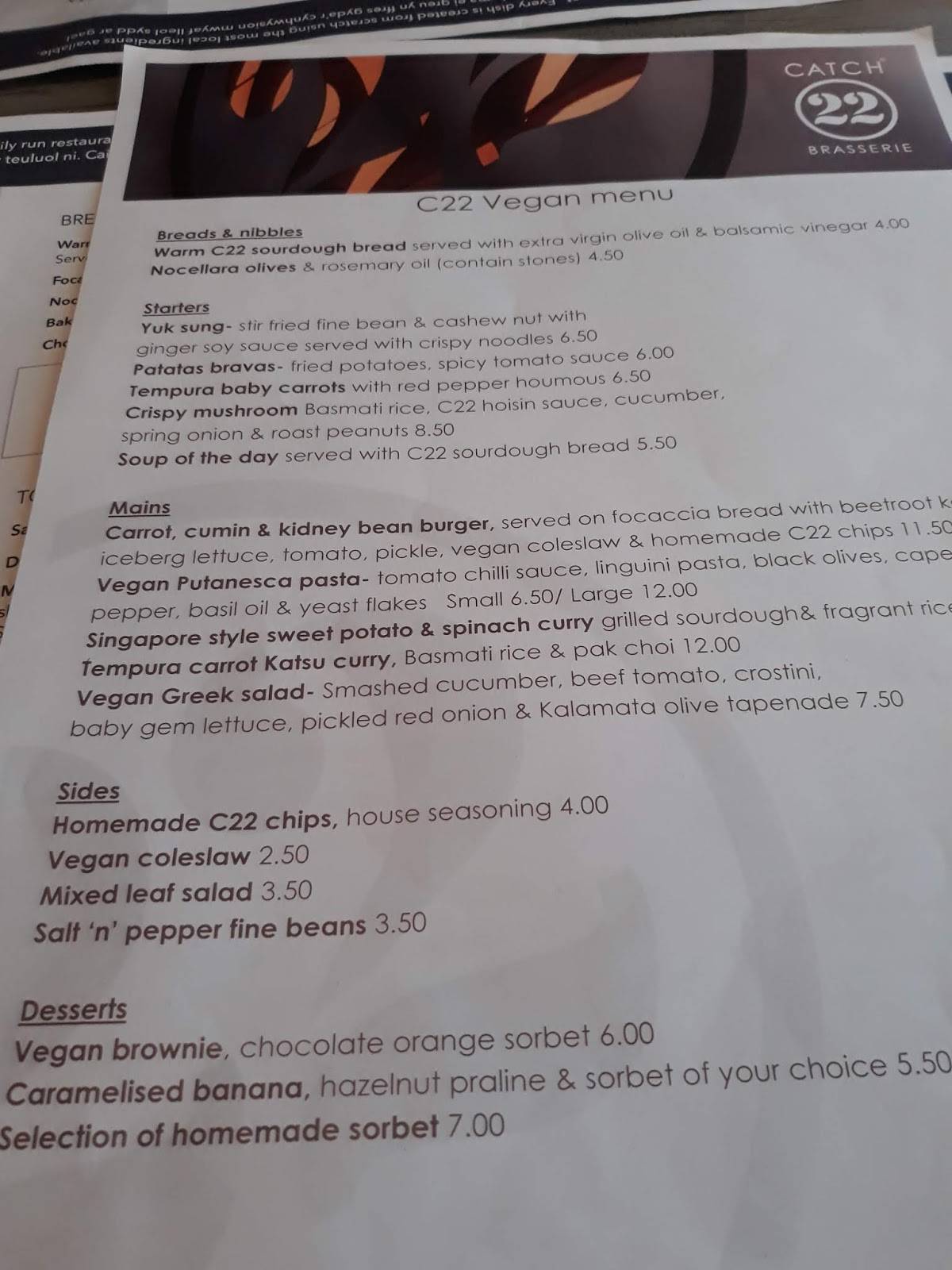 Menu at Catch 22 Brasserie restaurant, Valley